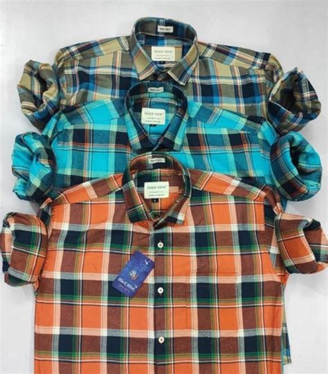 Men Cotton Blue Orange Tan Collar Neck Check Shirt Casual Wear At