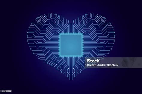 컴퓨터 칩 과 회로 기판은 마음의 형태로 만든 진한 파란색 배경에 현대 기술 사랑 기호 벡터 그림입니다 내부에 대한 스톡 벡터 아트 및 기타 이미지 Istock