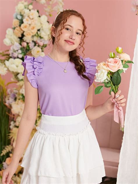 Lilac Purple Cute Collar Cap Sleeve Woven Fabric Plain Top Embellished