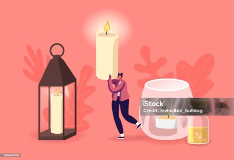 홈 데코레이션 스파 또는 홀리데이 장식 디자인 요소 작은 여성 캐릭터 는 거대한 불타는 향기로운 촛불을 수행 사람들에 대한 스톡 벡터 아트 및 기타 이미지 Istock
