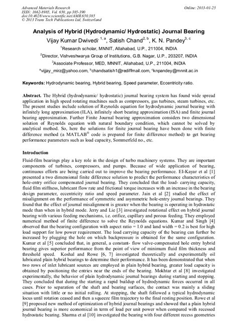 Analysis Of Hybrid Hydrodynamic Hydrostatic Journal Bearing Scientific Net