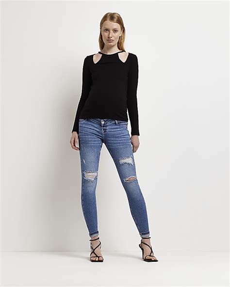 Blue Low Rise Ripped Maternity Skinny Jeans River Island
