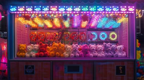 A Carnival Game Booth With Stuffed Animal Prizes And Bright Flashing