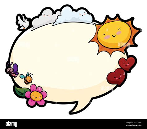 Floating Speech Bubble Template Decorated With Kind And Smiling Sun Hearts Dove Flower