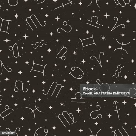 조디악 표지판과 별 원활한 패턴 별자리 기호의 벡터 블랙 배경 별자리에 대한 스톡 벡터 아트 및 기타 이미지 별자리 필기용 잉크 검은색 Istock