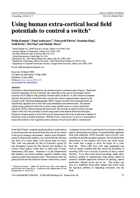 Pdf Using Human Extra Cortical Local Field Potentials To Control A Switch