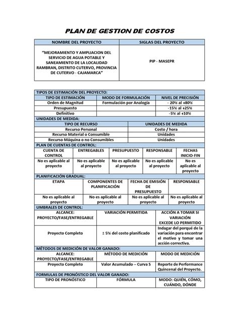 1 Plan De Gestion De Costos Pdf Presupuesto Planificación