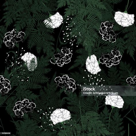 어두운 정원 밤 꽃 원활한 패턴 개화 백색 및 개요 꽃 식물 고 사리 잎 원활한 벡터 텍스처입니다 패션 인쇄에 대 한 합니다 손에 그린된 스타일으로 인쇄 0명에 대한 스톡