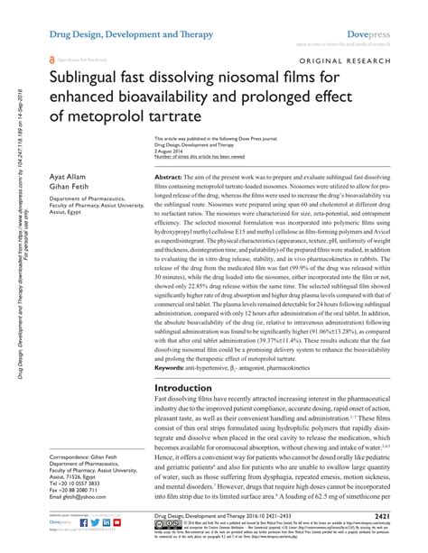 Pdf Sublingual Fast Dissolving Niosomal Films For Enhanced Bioavailability And Prolonged
