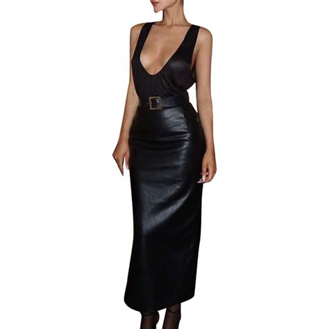 Jfopqvsm Sexy Bodycon Pu Patchwork Maxi Dress Deep V Neck Sleeveless