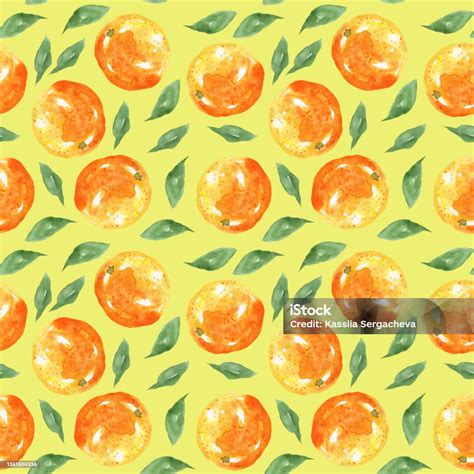 밝은 녹색 색상의 배경에 오렌지 과일과 잎의 원활한 패턴 수채화 손 벽지 인쇄 포스터 직물 포장 직물에 대한 귀여운 그림을 그린 여름 가와이 디자인 감귤류 과일에 대한 스톡