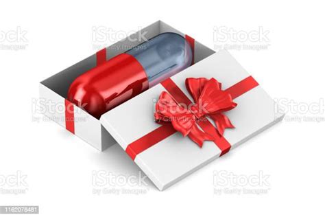 흰색 배경에 캡슐이있는 흰색 선물 상자를 엽니 다 격리된 3d 일러스트레이션 선물에 대한 스톡 사진 및 기타 이미지 선물 비타민 알약 Istock