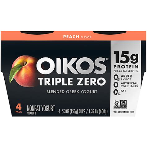Oikos Triple Zero Peach Greek Yogurt 53 Oz Cups 4 Count Griego