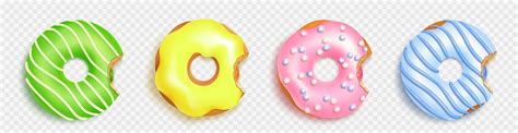 현실적인 물린 도넛 격리 벡터 디자인 제과 비스킷 베이글 세트 카페 메뉴 그림 3d 상단 보기 유약 및 잉크 파란색 노란색과 녹색 아이싱 장식에 도넛 물린 무료 벡터