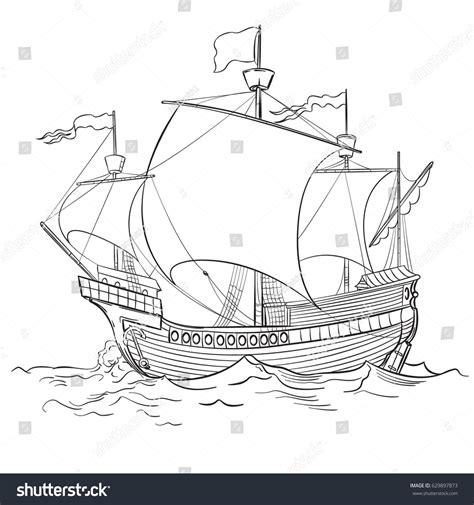 Vector Drawing Caravel Ship Line Art เวกเตอร์สต็อก ปลอดค่าลิขสิทธิ์