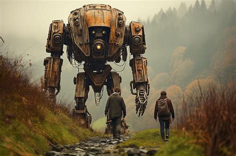 Premium Photo A Couple Walking Along Path With Giant Robot