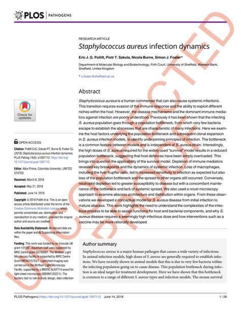 Pdf Staphylococcus Aureus Infection Dynamics
