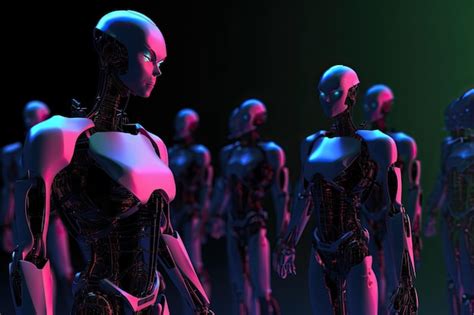 Grupo de mulheres robôs em luz neon fica ao lado de clones de linha