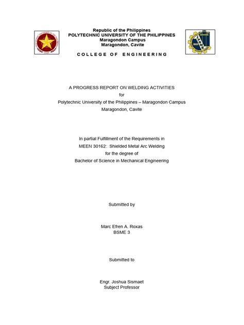 Roxas Marc Efren A Smaw Progress Report Pdf Welding Construction
