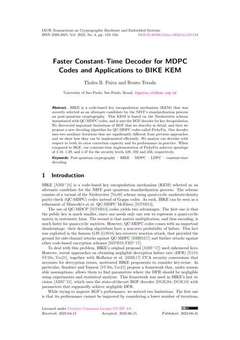 Pdf Faster Constant Time Decoder For Mdpc Codes And Applications To