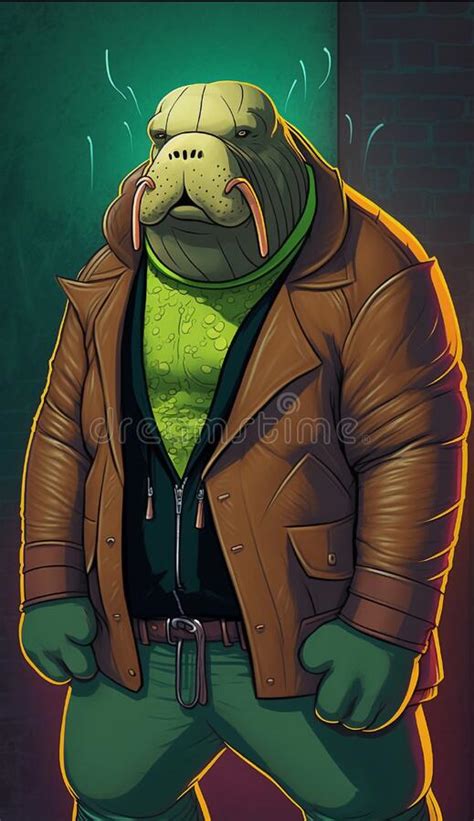 Walrus Wearing A Neon Leather Jacket Fashion Model Stock Illustration