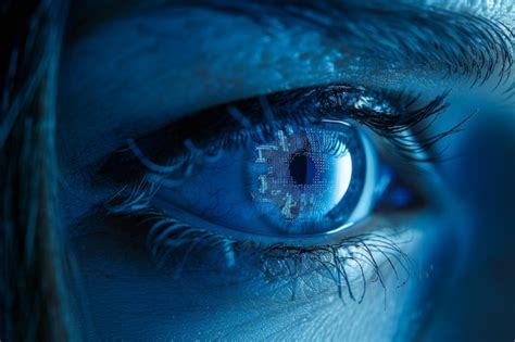 Deep Blue Eye Reflecting A Cybernetic Cityscape At Night Emphasizing A