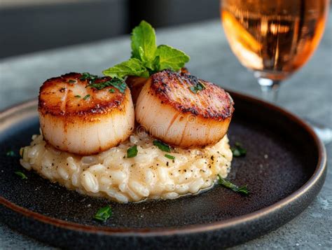 Seared Scallops Over Creamy Risotto Stock Illustration Illustration