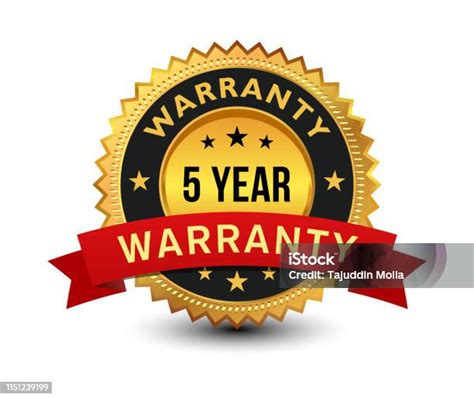 흰색 배경에 고립 된 상단에 빨간색 리본으로 골드 컬러 5 년 보증 배너 스티커 태그 아이콘 우표 라벨 기호 보험에 대한 스톡 벡터 아트 및 기타 이미지 Istock