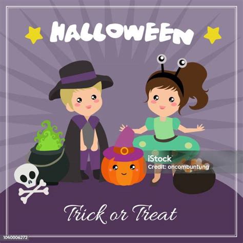Kartu Halloween Lucu Dengan Karakter Kostum Alien Ilustrasi Stok