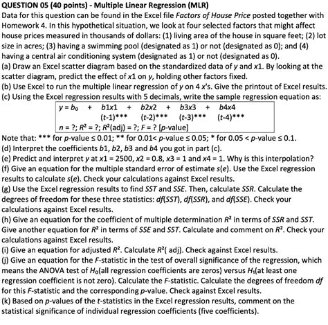 Solved Question 05 40 Points Multiple Linear Regression Mlr Data