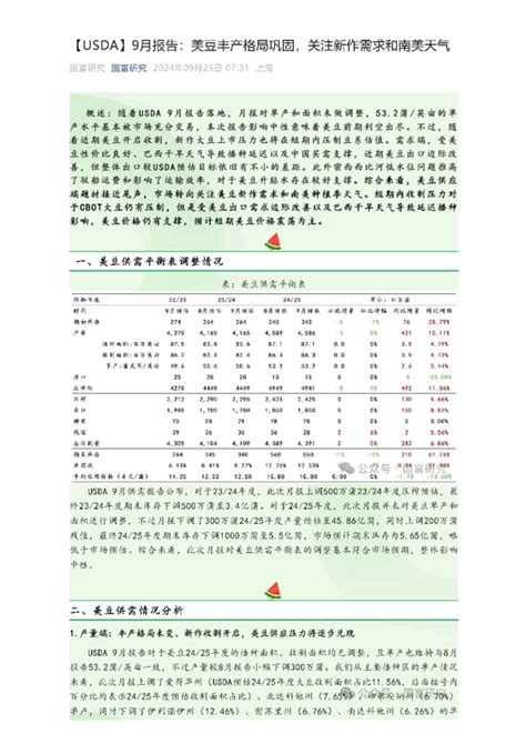 【usda】9月报告：美豆丰产格局巩固，关注新作需求和南美天气