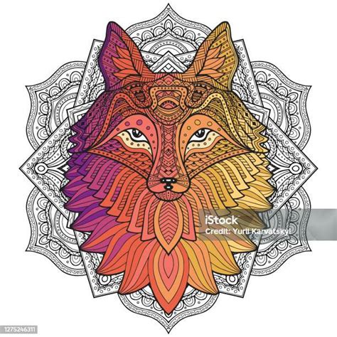 폭스 헤드는 세밀한 스타일로 꾸며진다 젠틀글 여우 부족 설계를 위한 벡터 패턴입니다 마름모 삼각형기 와 기하학적 민족 모티브 그래픽 스타일입니다 인쇄 웹 섬유 포장지용 폭스