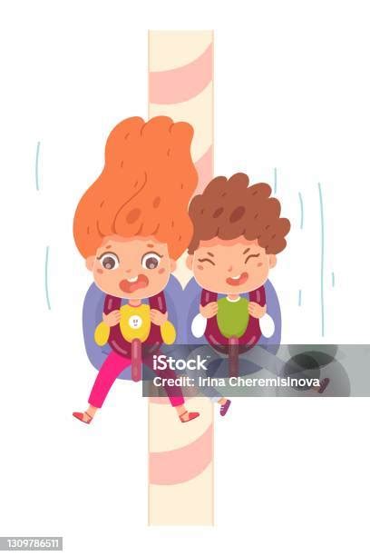 놀이 공원에서 타는 아이들 벡터 일러스트레이션을 날리는 좌석에 롤러코스터에 앉아 있는 행복한 아이들 여름 카니발 이나 박람회에서 재미를 가진 어린 소년과 소녀 공원에 대한