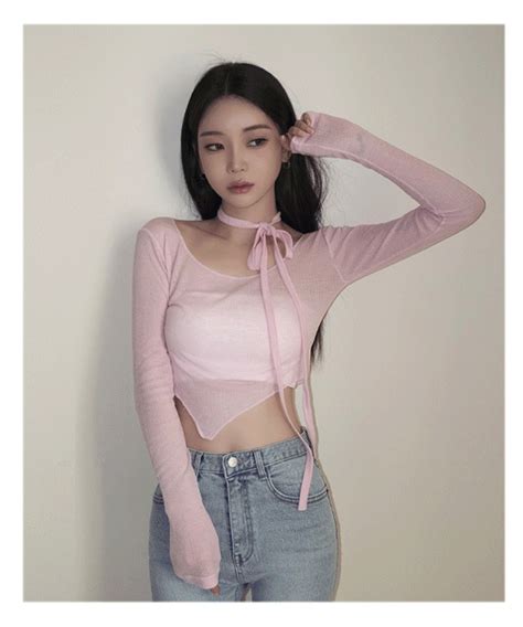 [오마이걸아린착용 당일발송] Pink Spring 시스루 스카프 언발란스티셔츠 세트 리본 초커 크롭티 페미닌 핑크 여리핏 우아