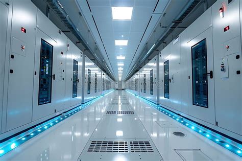 Modern Data Center Server Room With Bright Led Lighting For Advanced Information Technology And