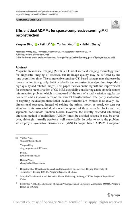 Efficient Dual Admms For Sparse Compressive Sensing Mri Reconstruction Request Pdf
