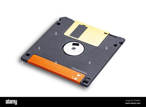 High Angle View Of Single Old Data Storage Technology Black Floppy Disk Isolated On White