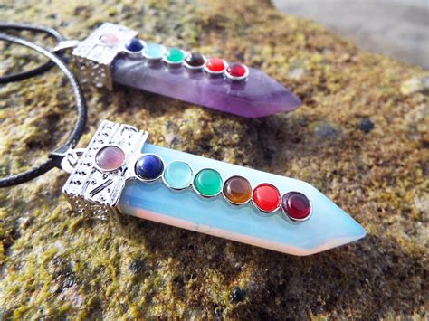 Opalite Amethyst Pendulum Chakra Pendant Silver Necklace Handmade