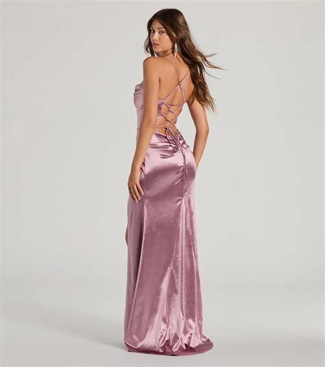 Dani Cowl Neck Lace Up A Line Satin Formal Dress And Windsor