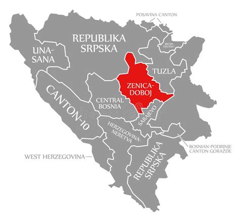 Zenica Doboj Red Highlighted In Map Of Bosnia And Herzegovina Stock