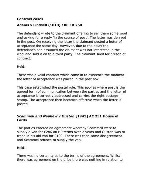 Contract Cases Contract Cases Adams V Lindsell 1818 106 Er 250 The