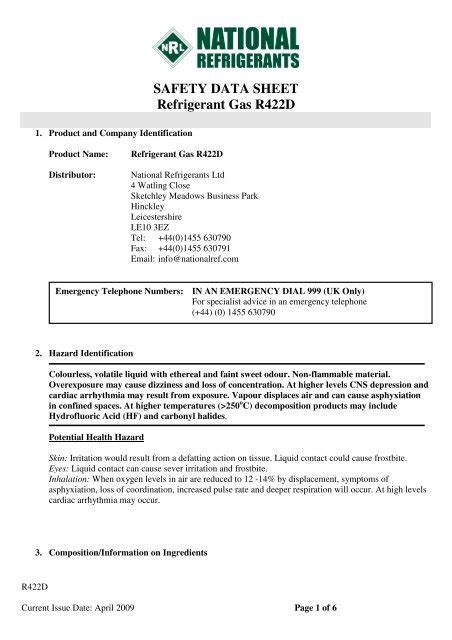 Safety Data Sheet Refrigerant Gas R422d National