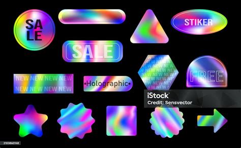 상점 공고에 있는 제품 판매 또는 신제품을 위한 다채로운 홀로그램 스티커 또는 상징 복사 공간 화살표 및 원 사각형 및 육각형이 있는 그라디언트 용지의 벡터 격리 세트 0