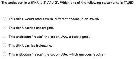 Solved The Anticodon In A TRNA Is 5 AAU 3 Which One Of Chegg Com