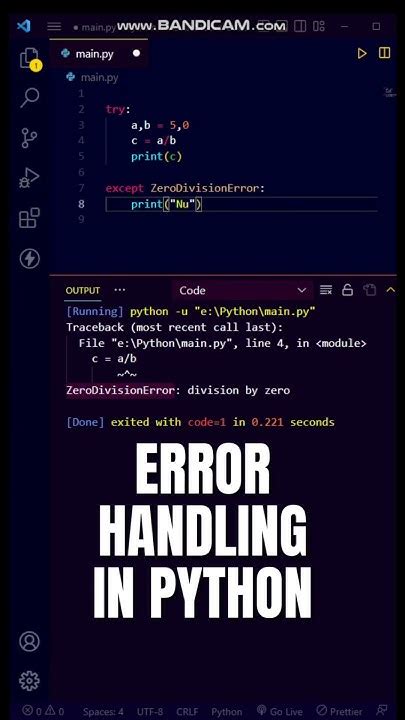 exception handling in python try except zerodivisionerror shorts