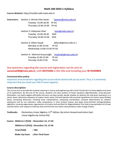 Math 260 Syllabus Metu 2023 1 Pdf