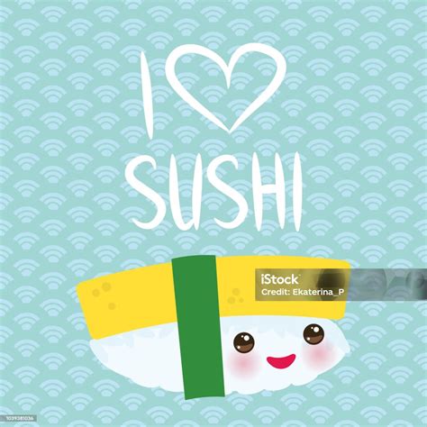 난 초밥 사랑 귀여운 재미 타 마 스시 달콤한 계란 분홍색 뺨 및 큰 눈 이모티콘 일본 원형 패턴 아기 파란색 배경입니다 벡터 0명에 대한 스톡 벡터 아트 및 기타 이미지
