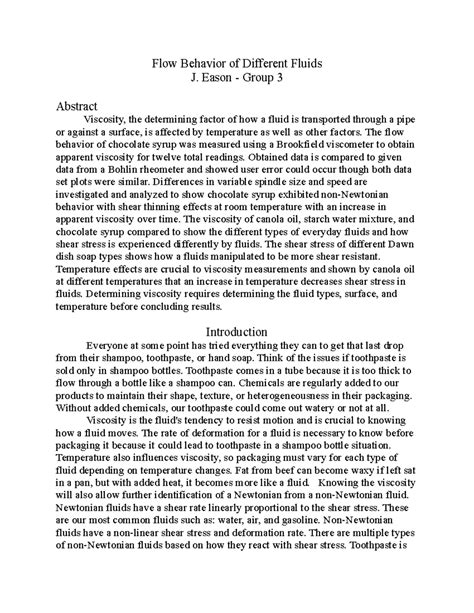 Flow Behavior Lab Report Flow Behavior Of Different Fluids J Eason