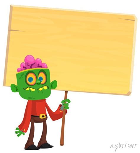 Cartoon Zombie Holding Wooden Sign Vector Illustration Isolated