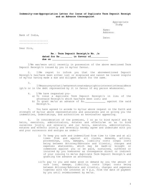 Indemnity Cum Appropriation Letter For Advance Against Duplicate Term